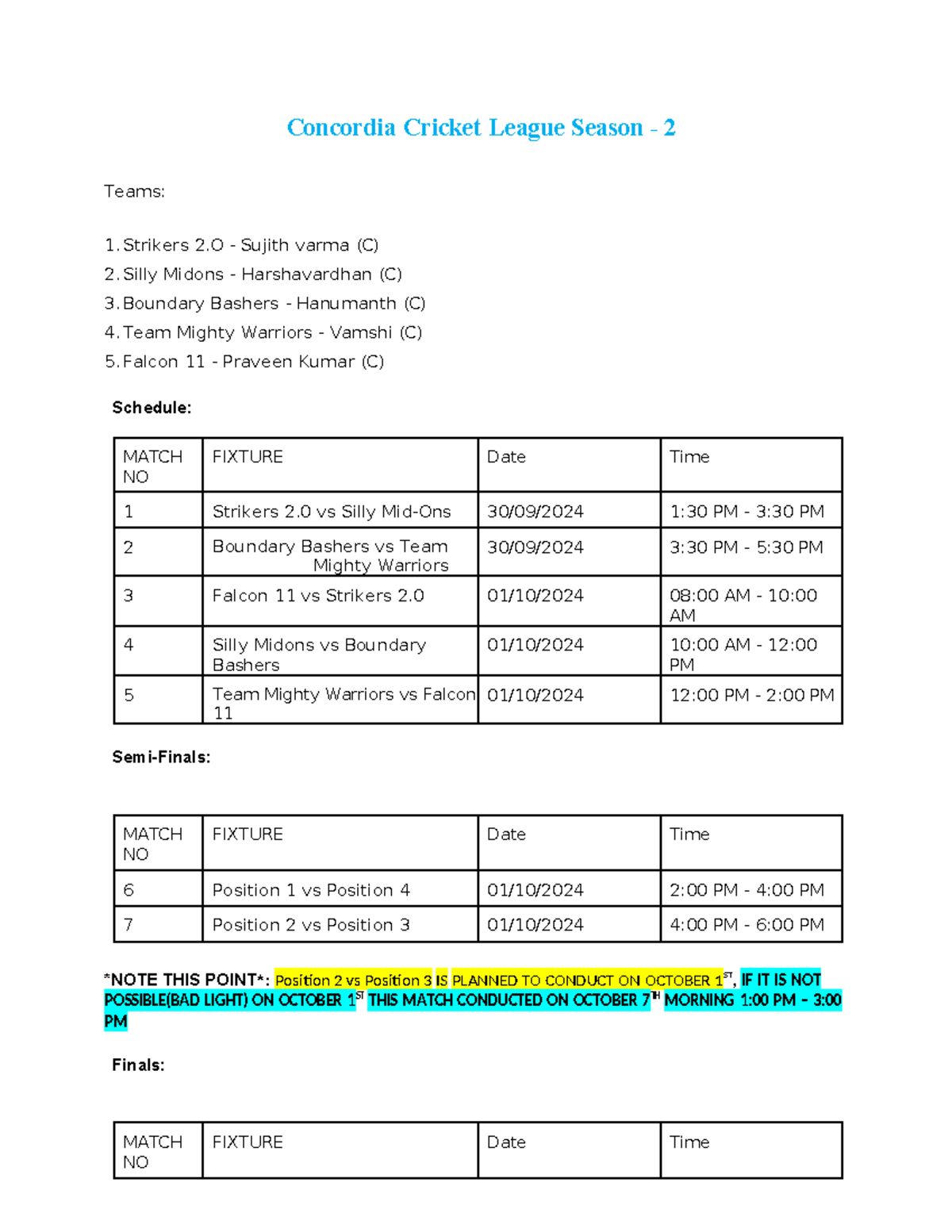 Official Guidelines AND Schedules OF CCL - 2 ON Septermber 30^J October 1ST & October 7TH ...