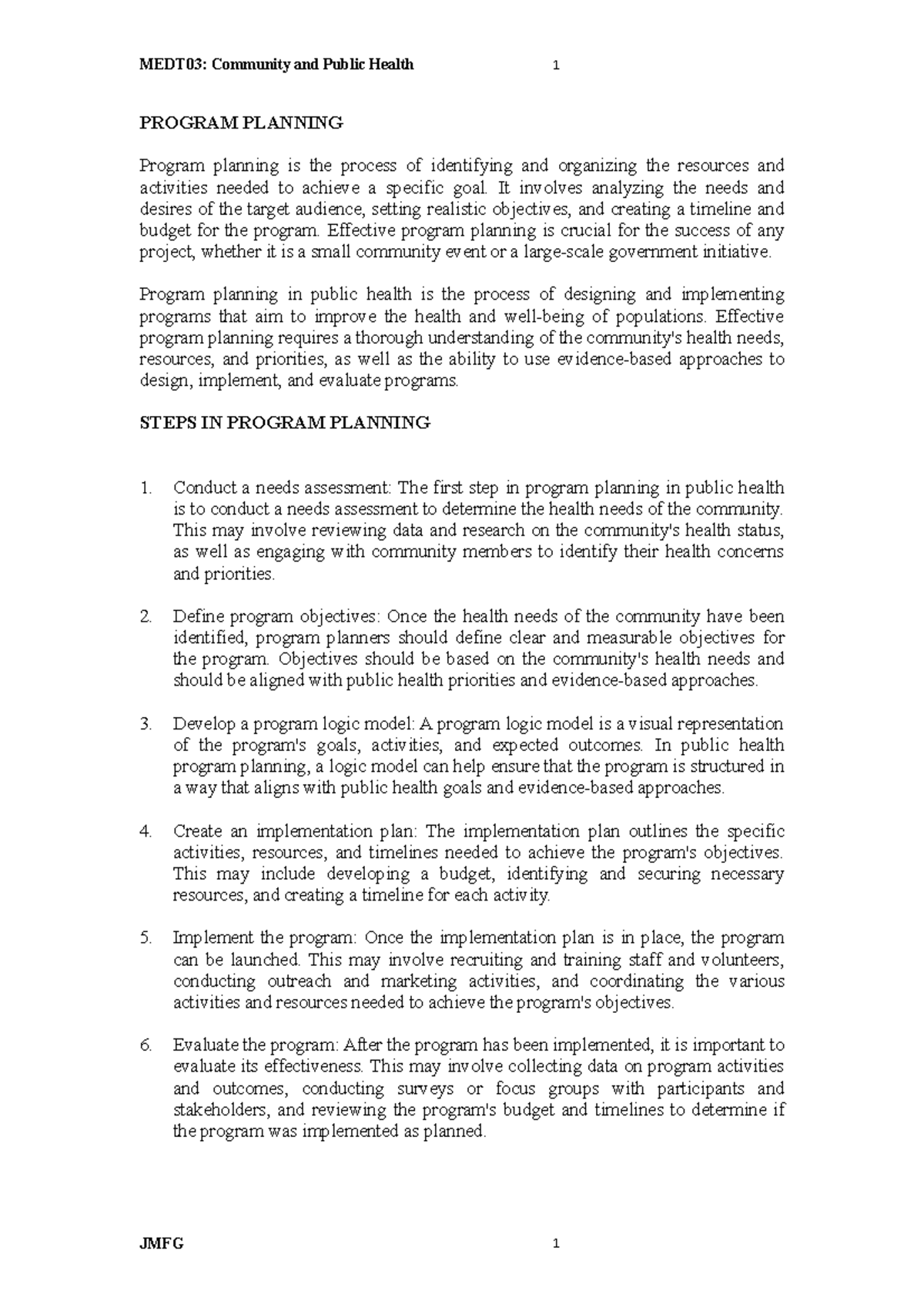 MEDT03 Program Planning - MEDT03: Community and Public Health PROGRAM ...