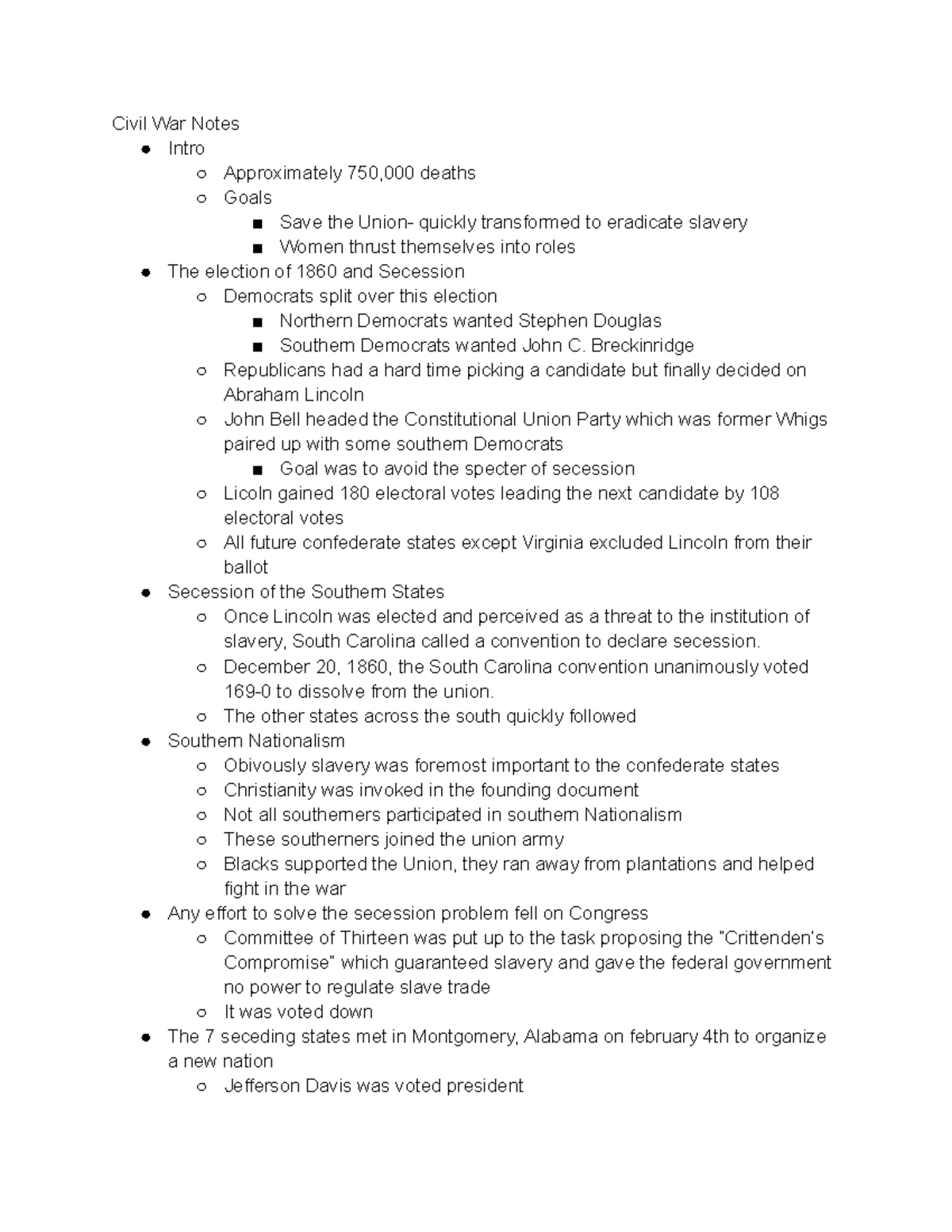 Civil War notes - Civil War Notes Intro Approximately 750,000 deaths ...
