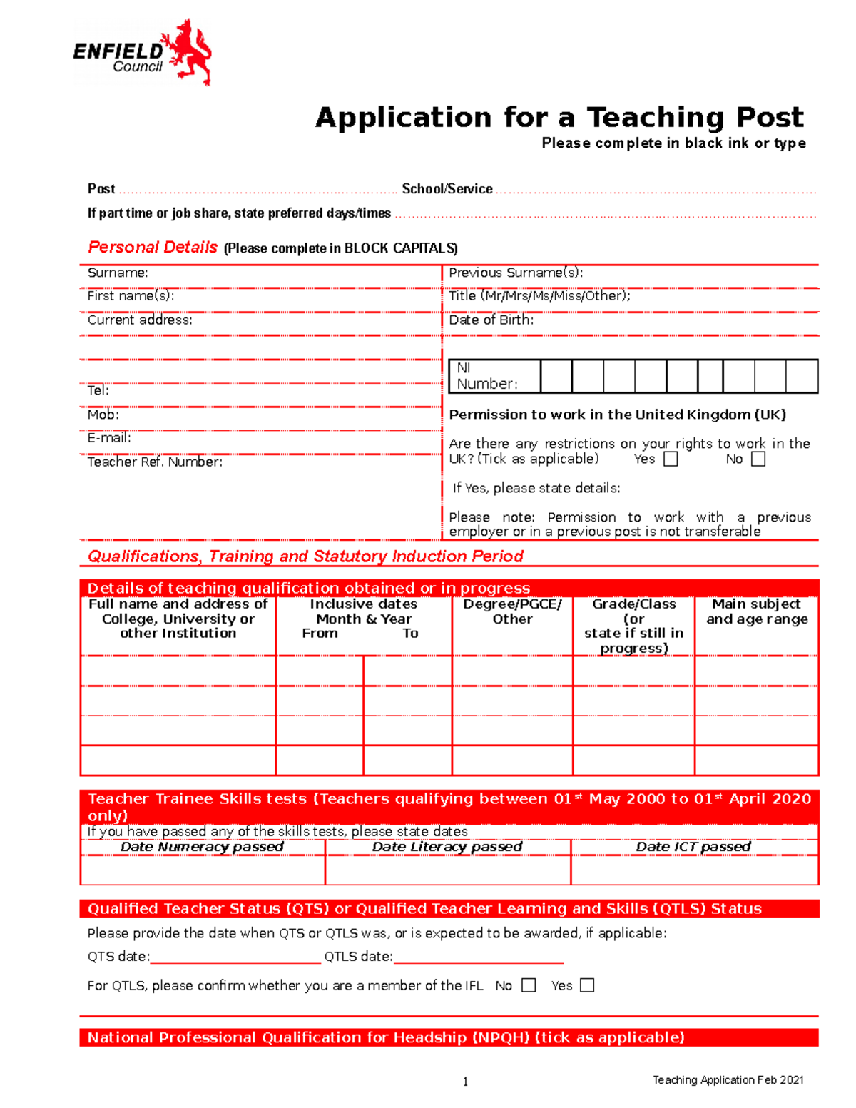 Application for a Teaching Post FEB 2021 Final - Application for a ...