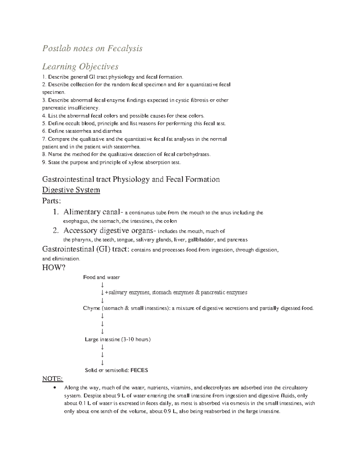 Postlab notes on Fecalysis - Medical laboratory scientist - Studocu