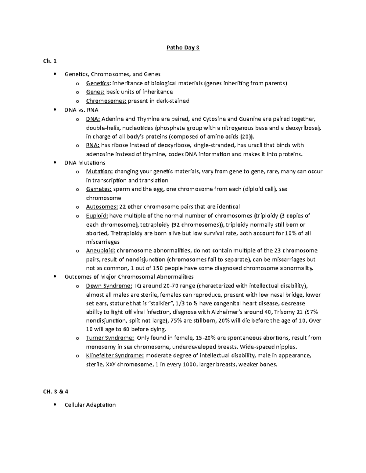 Patho Day 3 - Notes - Patho Day 3 Ch. 1 Genetics, Chromosomes, and ...