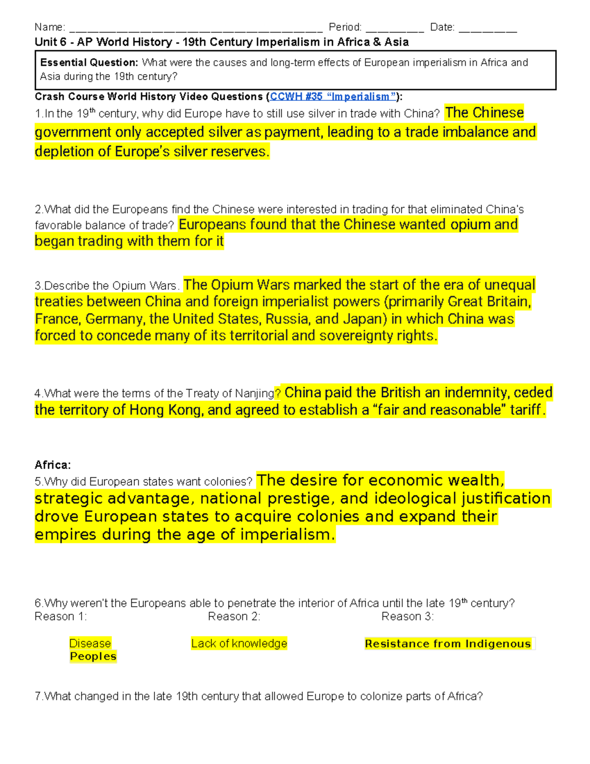 Unit 6 Imperialism in Africa & Asia Student Handout - Name: - Studocu