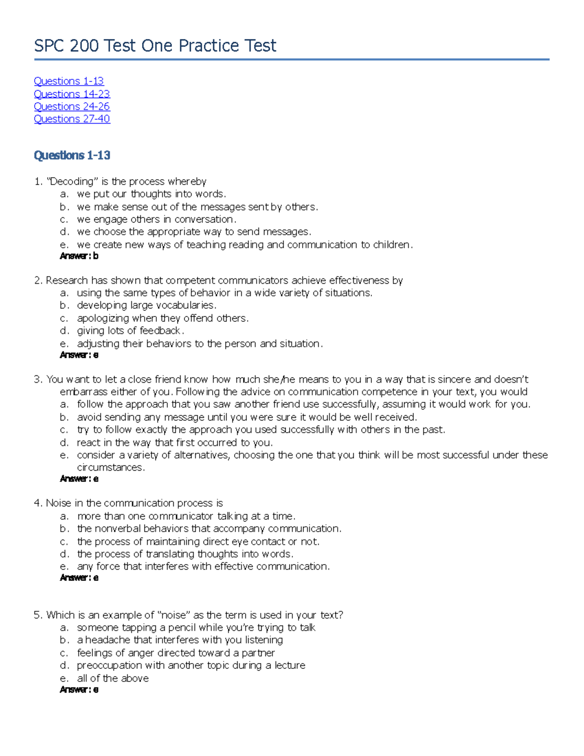 Test One Practice Test Key Updated 2019 FA - SPC 200 Test One Practice ...