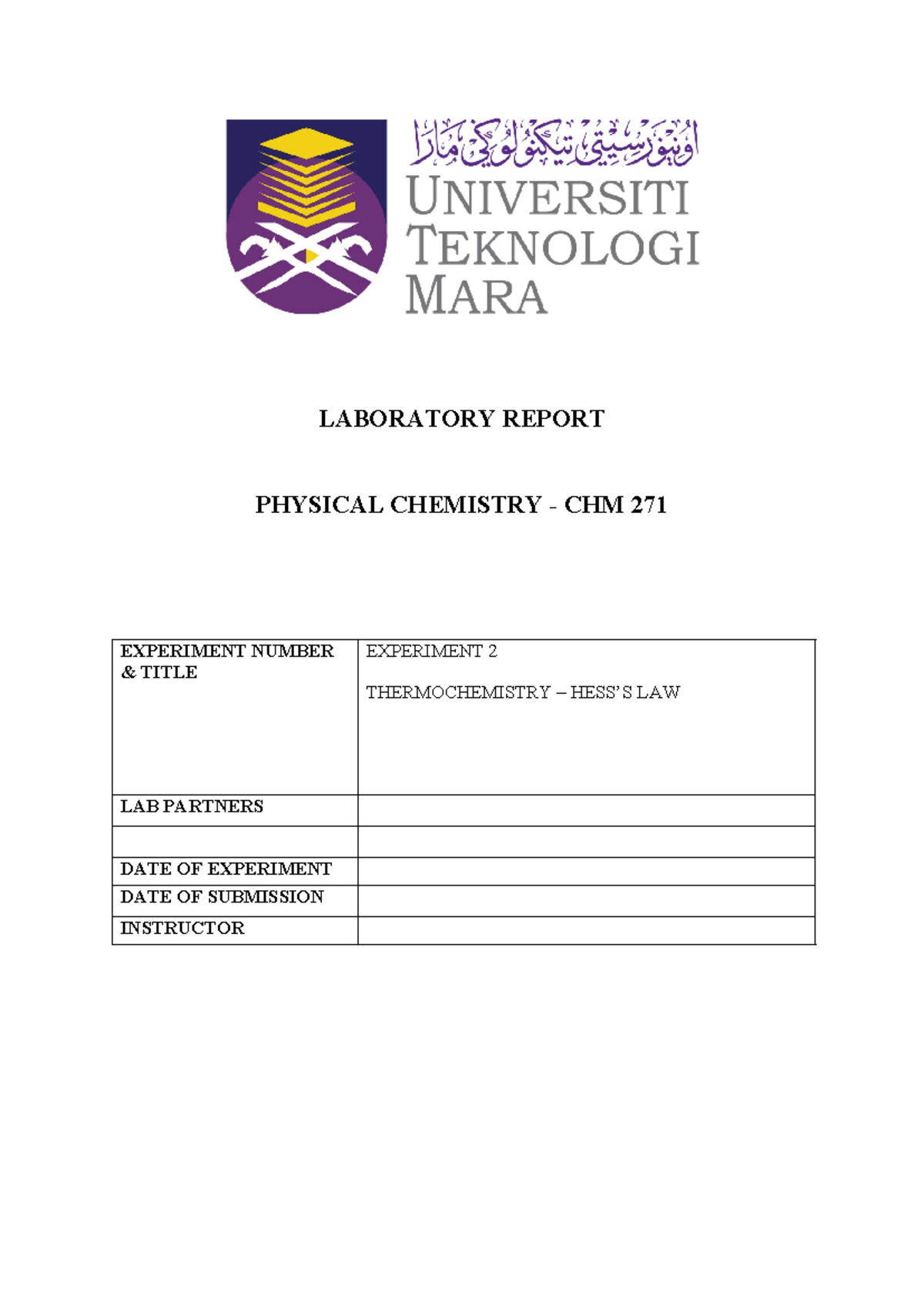 LAB Report CHM - LABORATORY REPORT PHYSICAL CHEMISTRY - CHM 271 ...