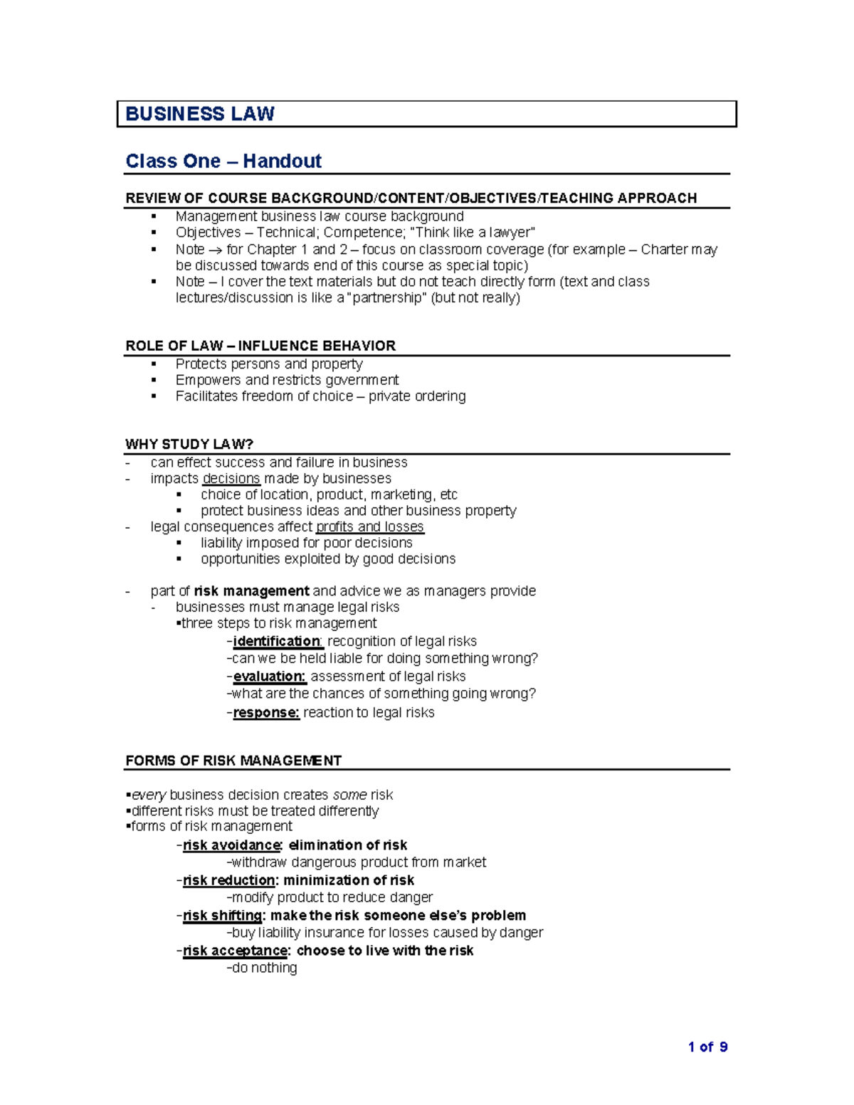 Class One (Intro) ( Handout) 2023 - BUSINESS LAW Class One – Handout ...