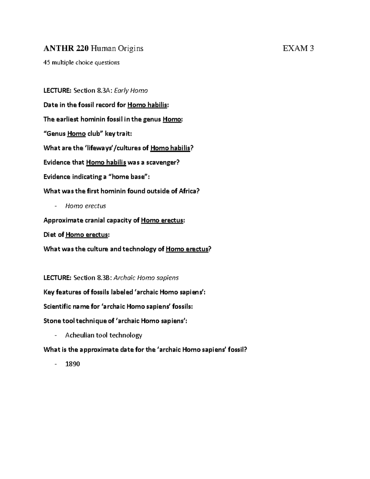 ANTHRO 220 Human Origins Exam 3 PT2 - ANTHR 220 Human Origins EXAM 3 45 ...