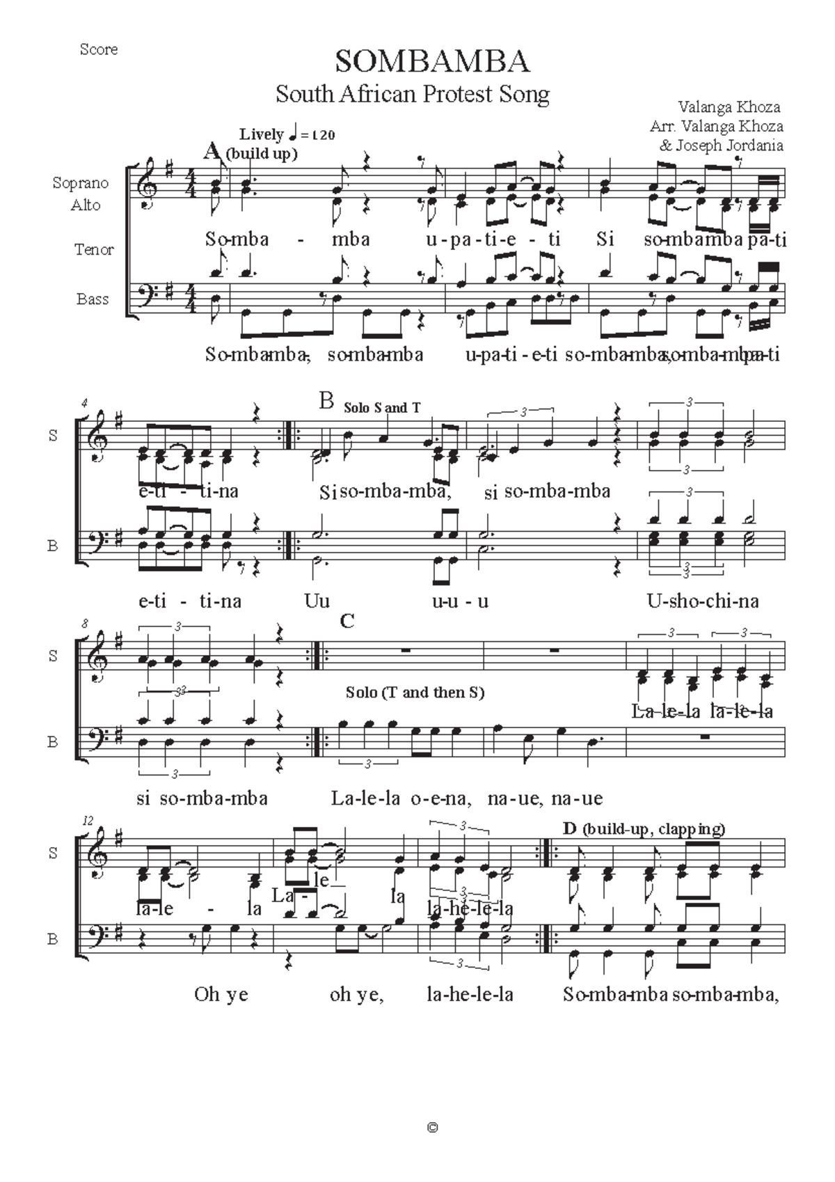 2020 Sombamba Lyrics - & ? 4 4 4 4 Soprano Bass j œ So J œ j œ J œ So œ ...