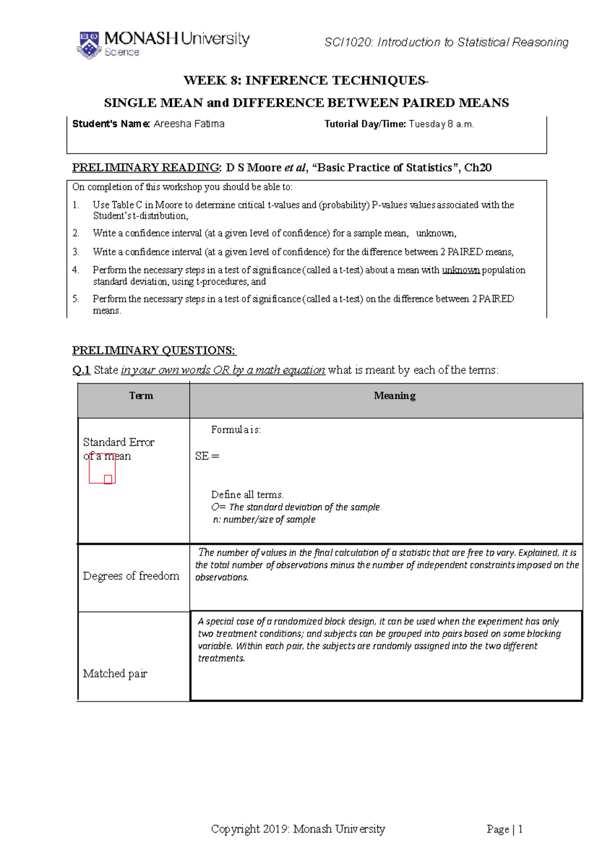 WEEK 08 Workshop Areesha Fatima - SCI1020: Introduction to Statistical Reasoning WEEK 8 ...