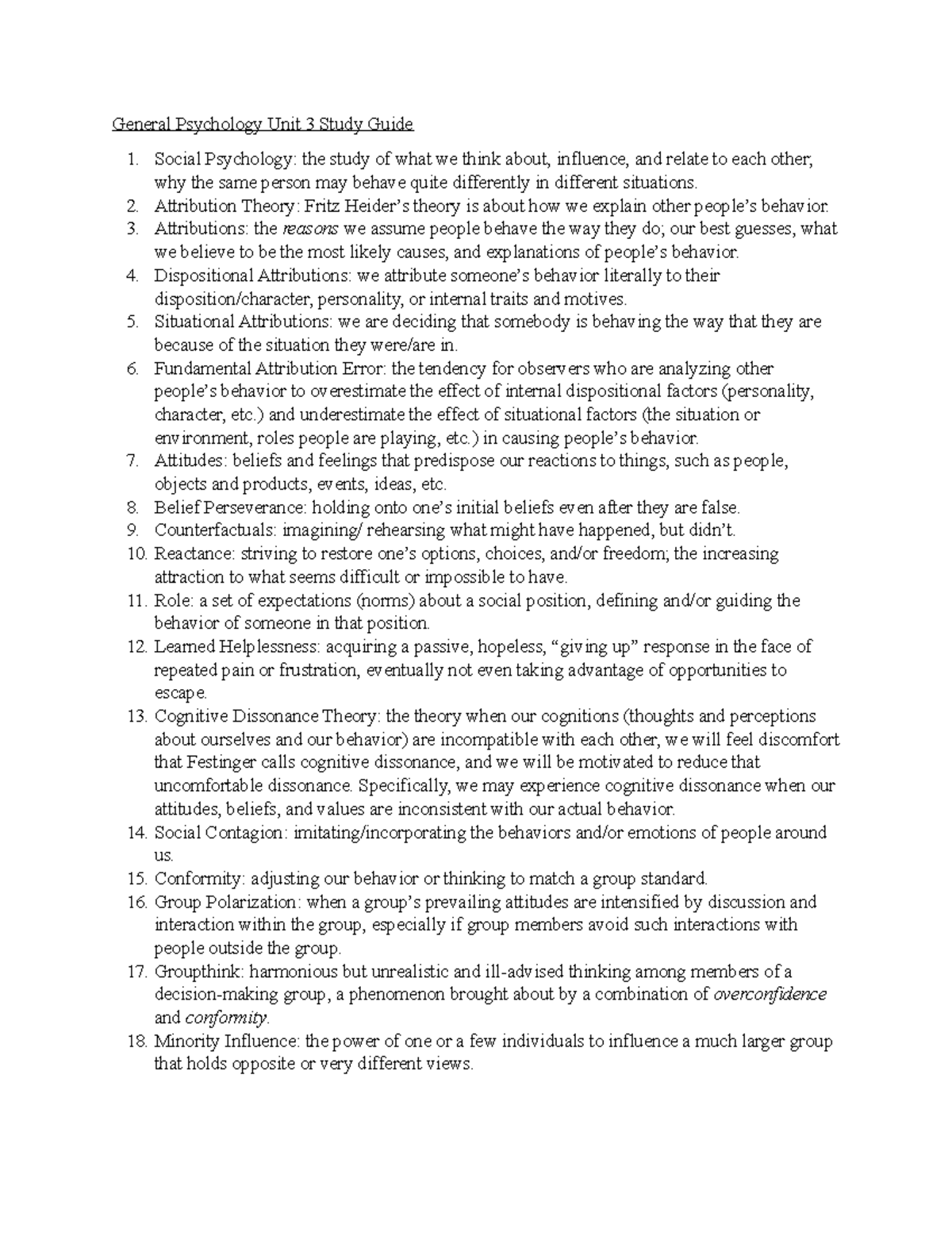 General Psychology Unit 3 Study Guide - Attribution Theory: Fritz ...