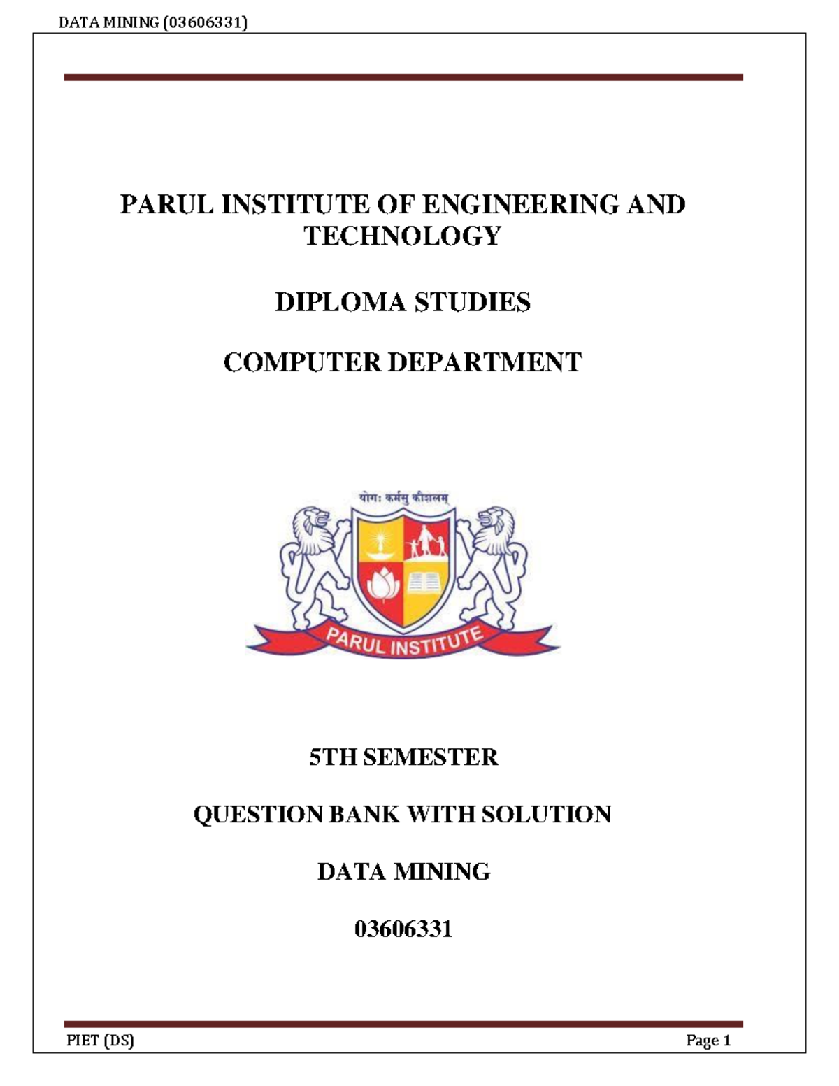 DATA Mining Question BANK - Unit 1 2 3 - PARUL INSTITUTE OF ENGINEERING AND TECHNOLOGY DIPLOMA ...