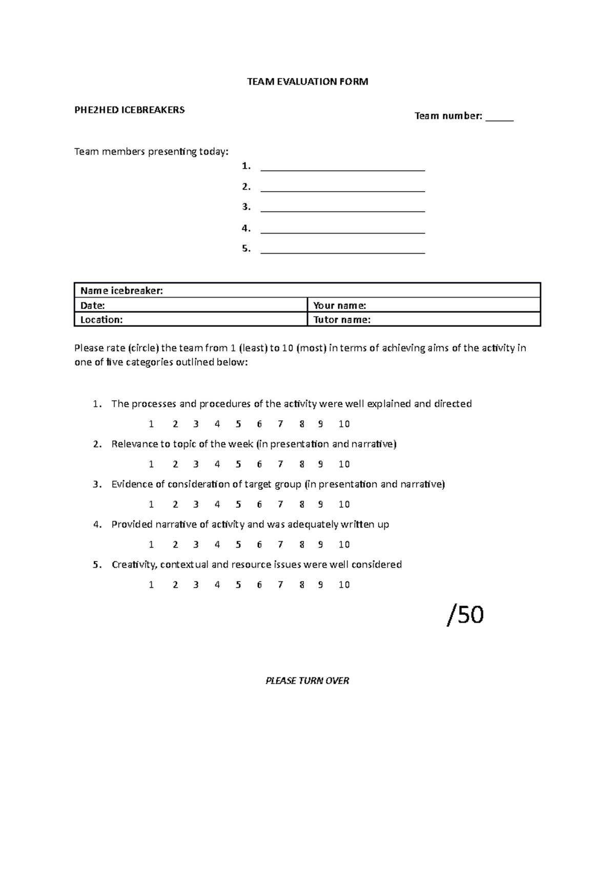 TEAM Evaluation FORM 2022 - TEAM EVALUATION FORM PHE2HED ICEBREAKERS ...