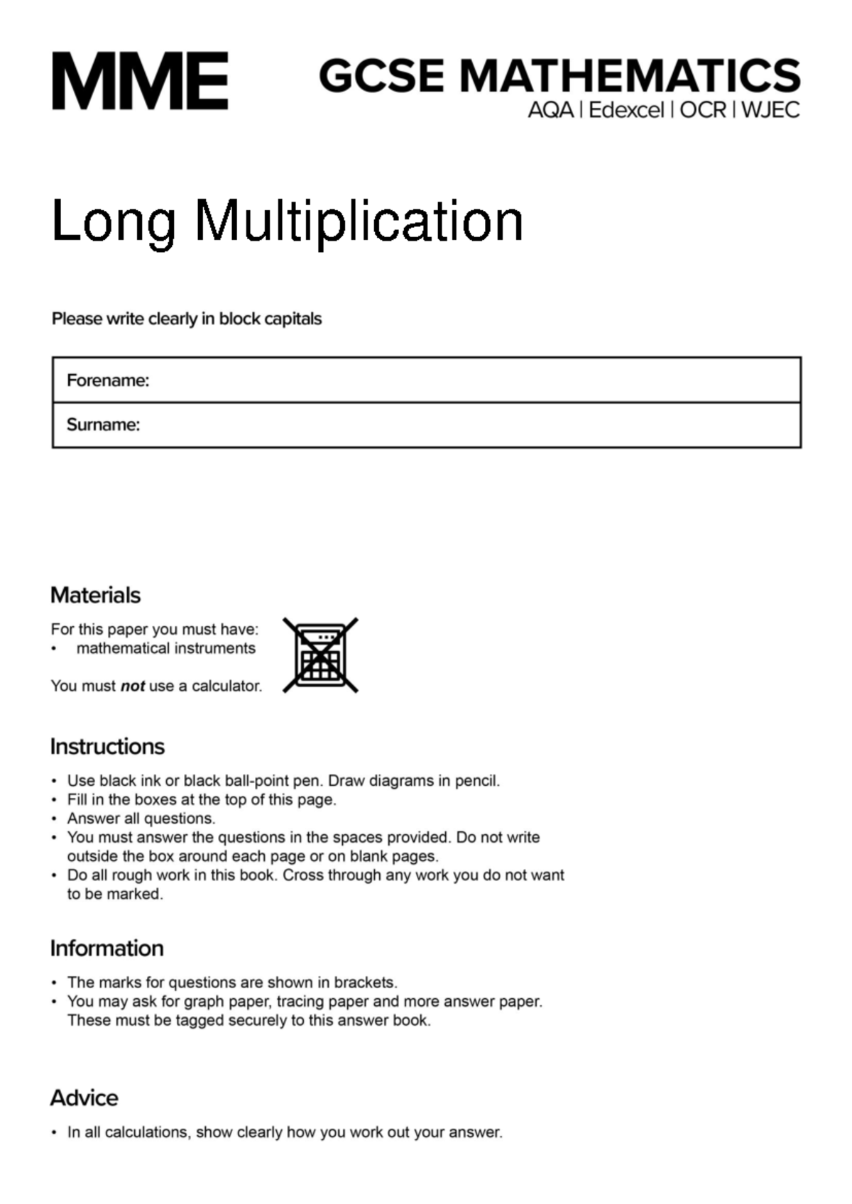 Long Multiplication Questions MME - Long Multiplication 1 Using long ...