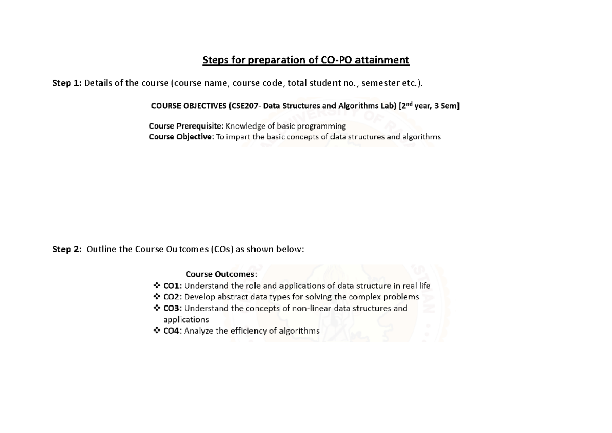 Steps for CO-PO attainment process - Steps for preparation of CO-PO ...