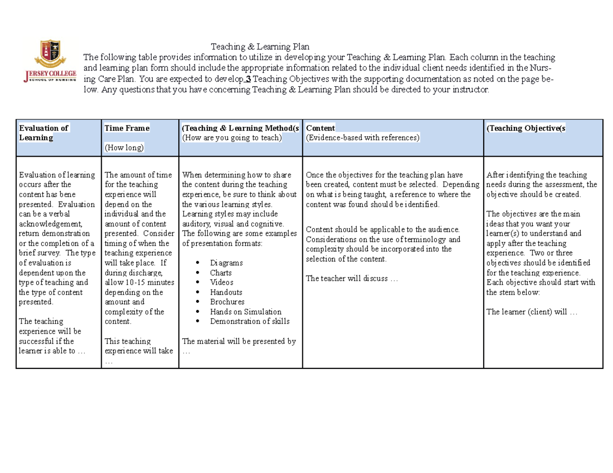 teaching plan short - Teaching & Learning Plan The following table ...