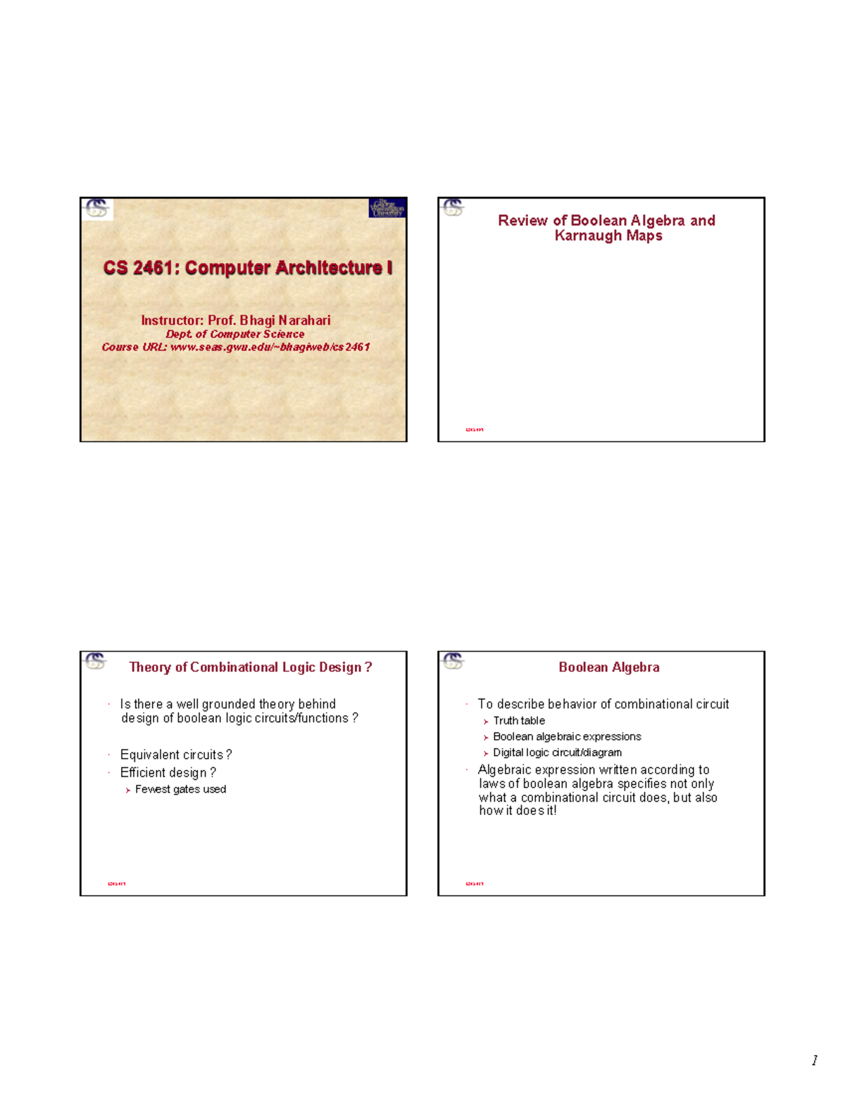 Computer Architecture I Lecture Slides Lectures Boolean Algebra Cs 2461 Computer