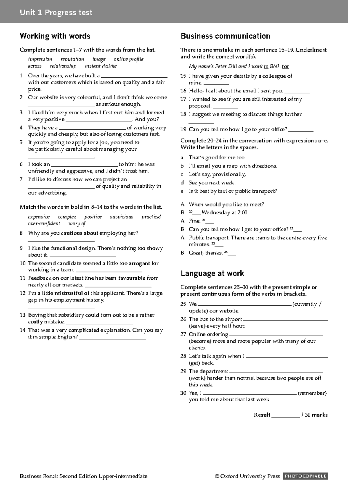 BR2e Upp Int Unit1 progress test (pdf - Business Result Second Edition ...