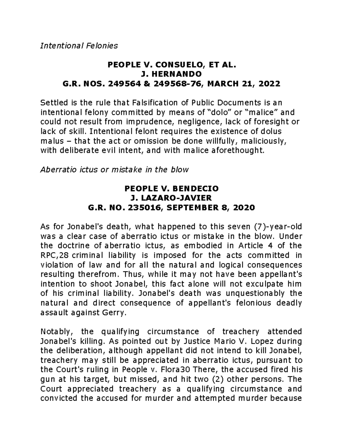 1-B-1 Hernando Cases AND BAR QS - Intentional Felonies PEOPLE V ...