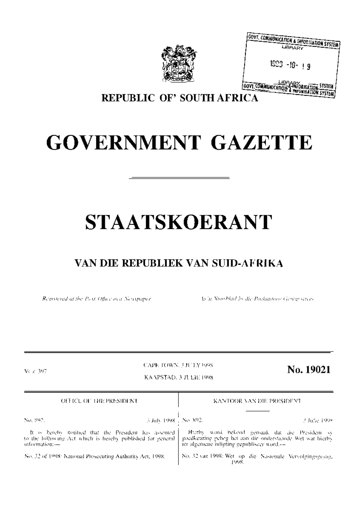 NPA ACT NO 38 OF 1998 - NATIONAL PROSECUTING AUTHORITY ACT 38 OF 1998 ...