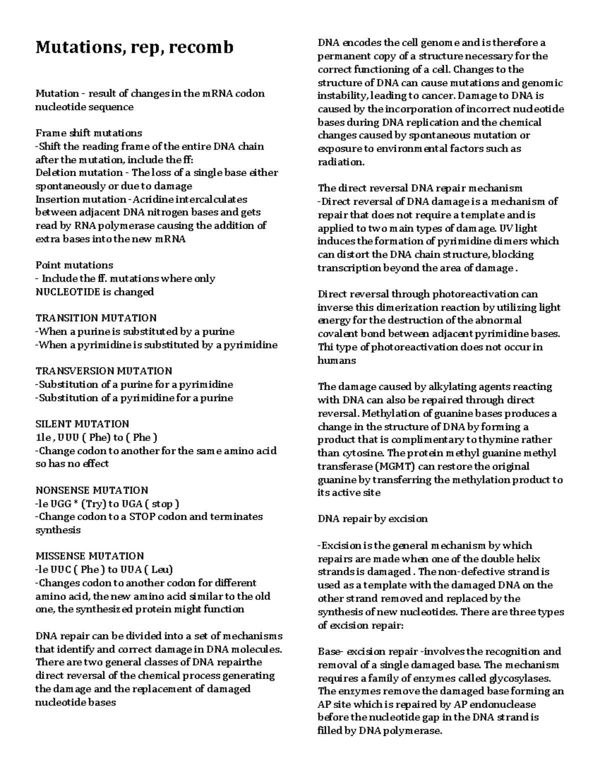 Cytogen - Mutations, rep, recomb Mutation - result of changes in the ...