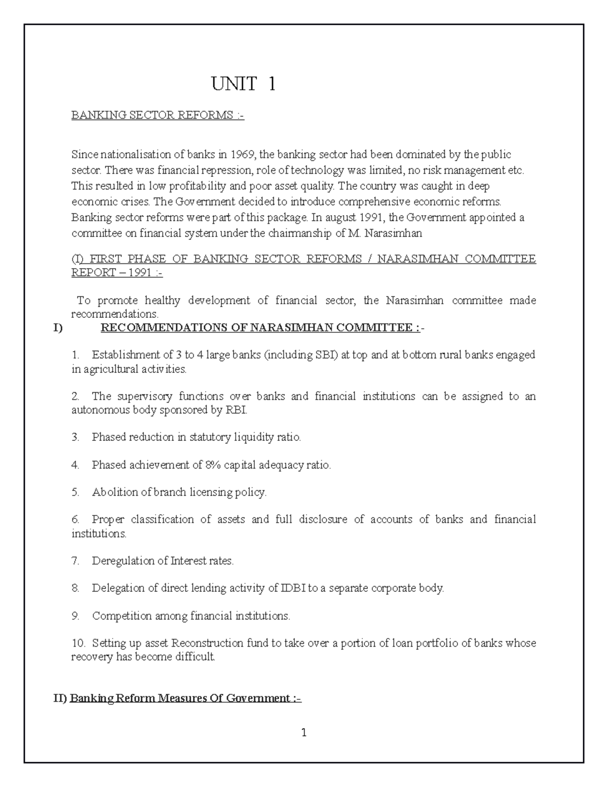 Banking Notes - UNIT 1 BANKING SECTOR REFORMS :- Since nationalisation ...