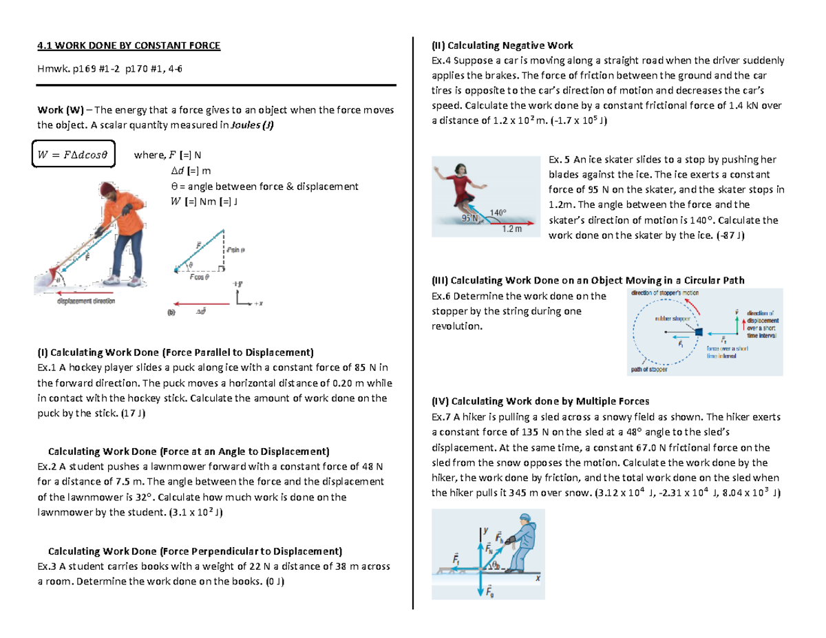 Chapter 4 Notes - 4 WORK DONE BY CONSTANT FORCE Hmwk. p169 #1-2 p170 #1 ...