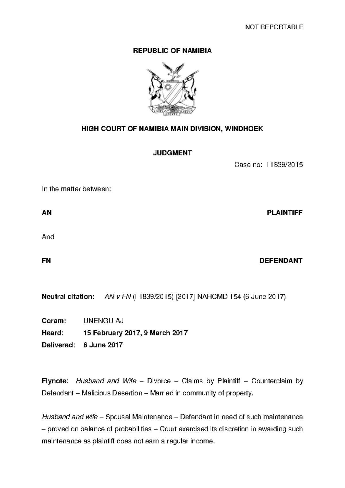 AN v FN 2017-nahcmd-154 - NOT REPORTABLE REPUBLIC OF NAMIBIA HIGH COURT ...