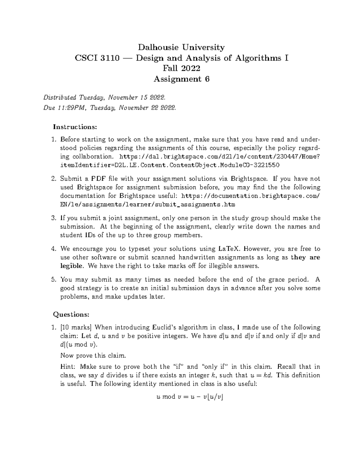 A6 - A1 assignment - Dalhousie University CSCI 3110 — Design and Analysis of Algorithms I Fall ...