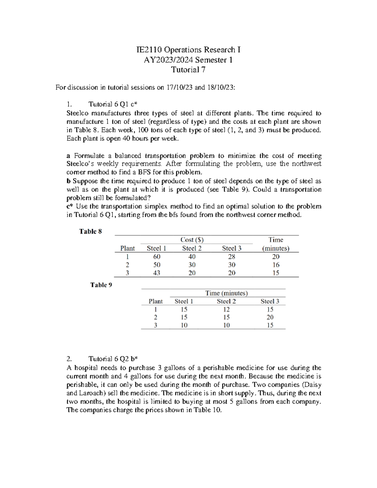 NUS IE2110 Homework 7 - IE2110 Operations Research I AY202 3 /202 4 Semester 1 Tutorial 7 For ...