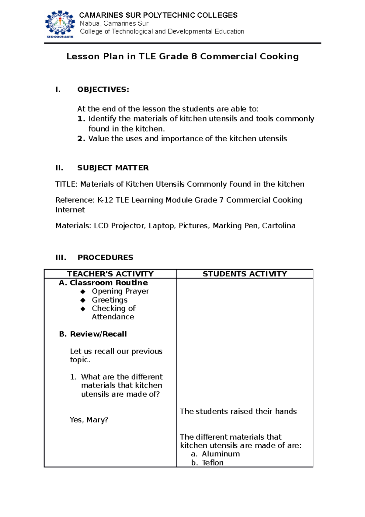 SEMI Detailed Lesson PLAN Commercial Cooking - Nabua, Camarines Sur ...