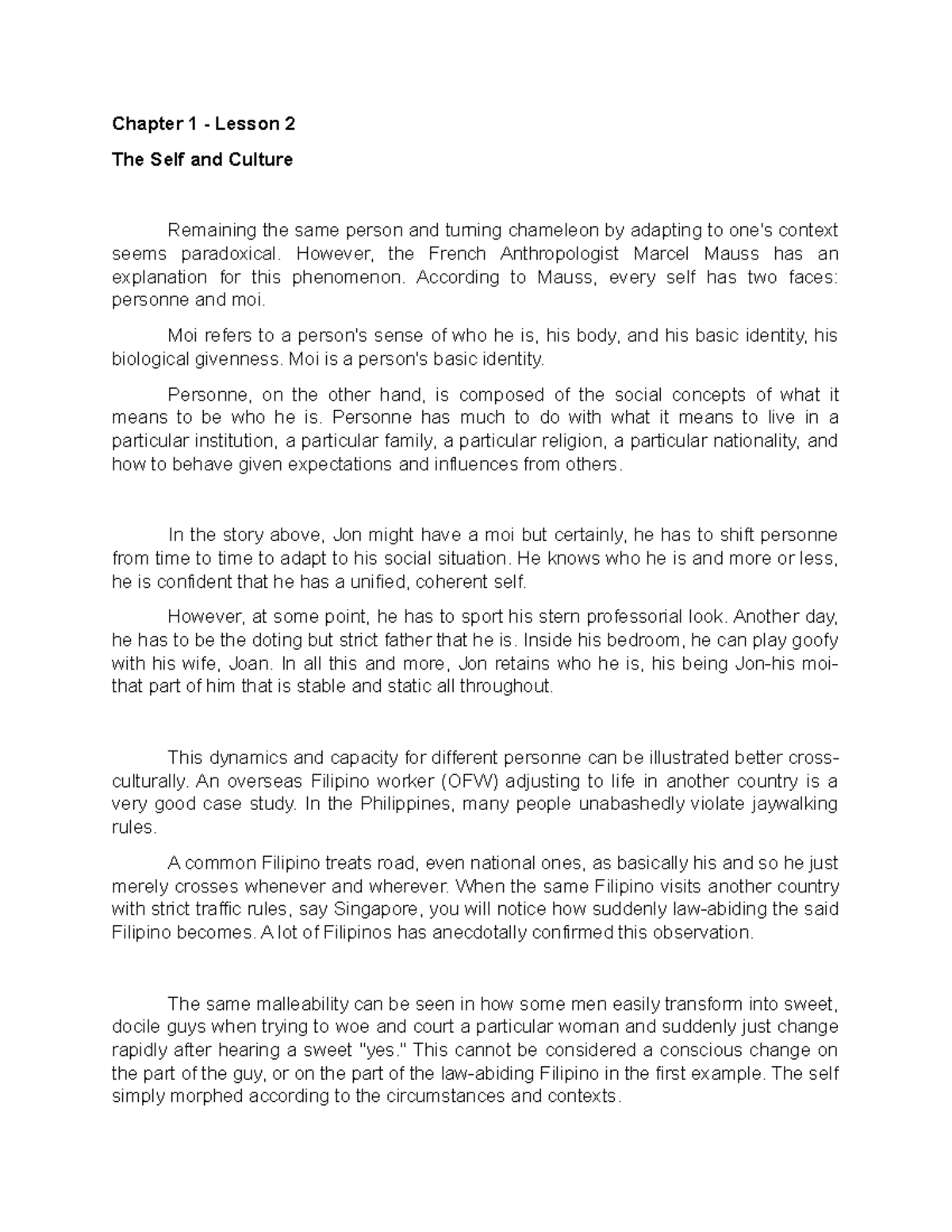 The Self and Culture - Chapter 1 - Lesson 2 The Self and Culture ...