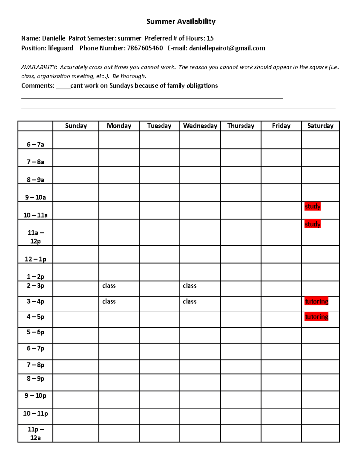 Availability Form Template - Summer Availability Name: Danielle Pairot ...