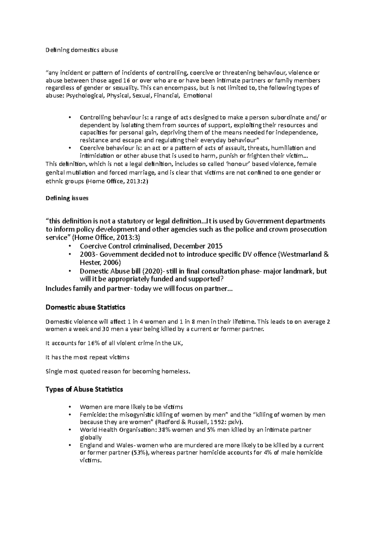 Domestic abuse - lecture notes - Defining domestics abuse “any incident ...