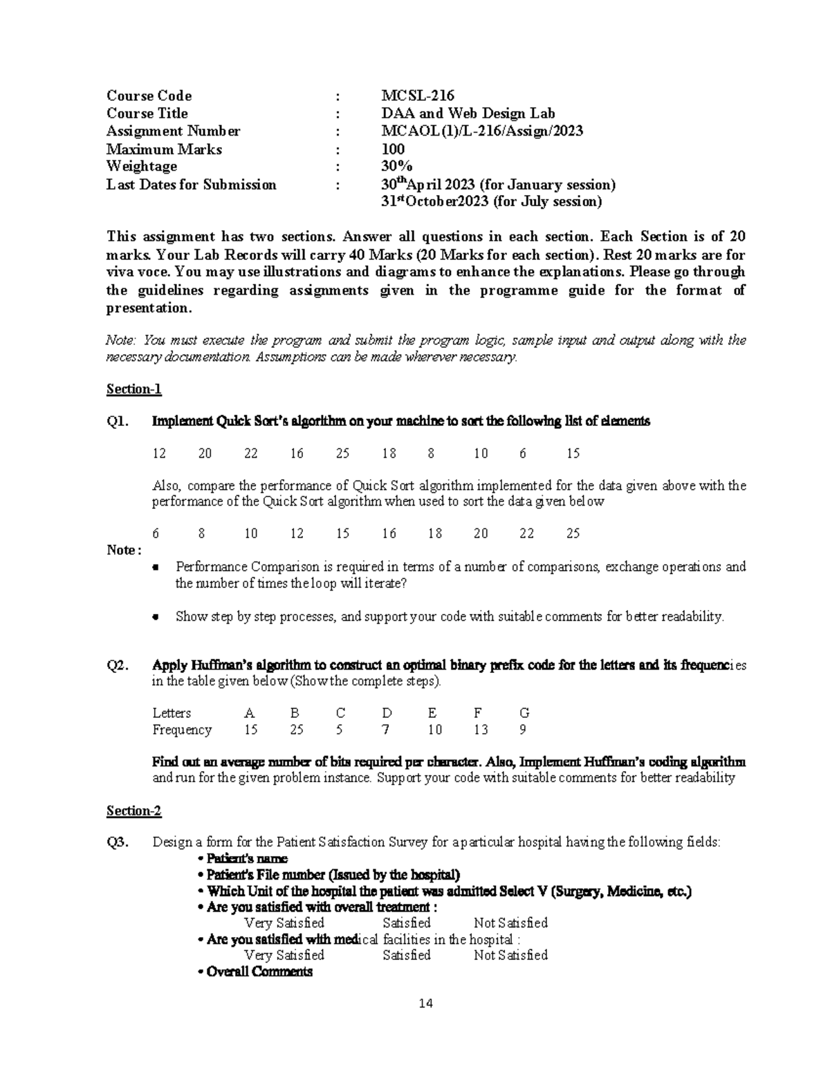 Mcsl 216 Mcanew 1st Semester Assignment 14 Course Code Mcsl Course Title Daa And Web 