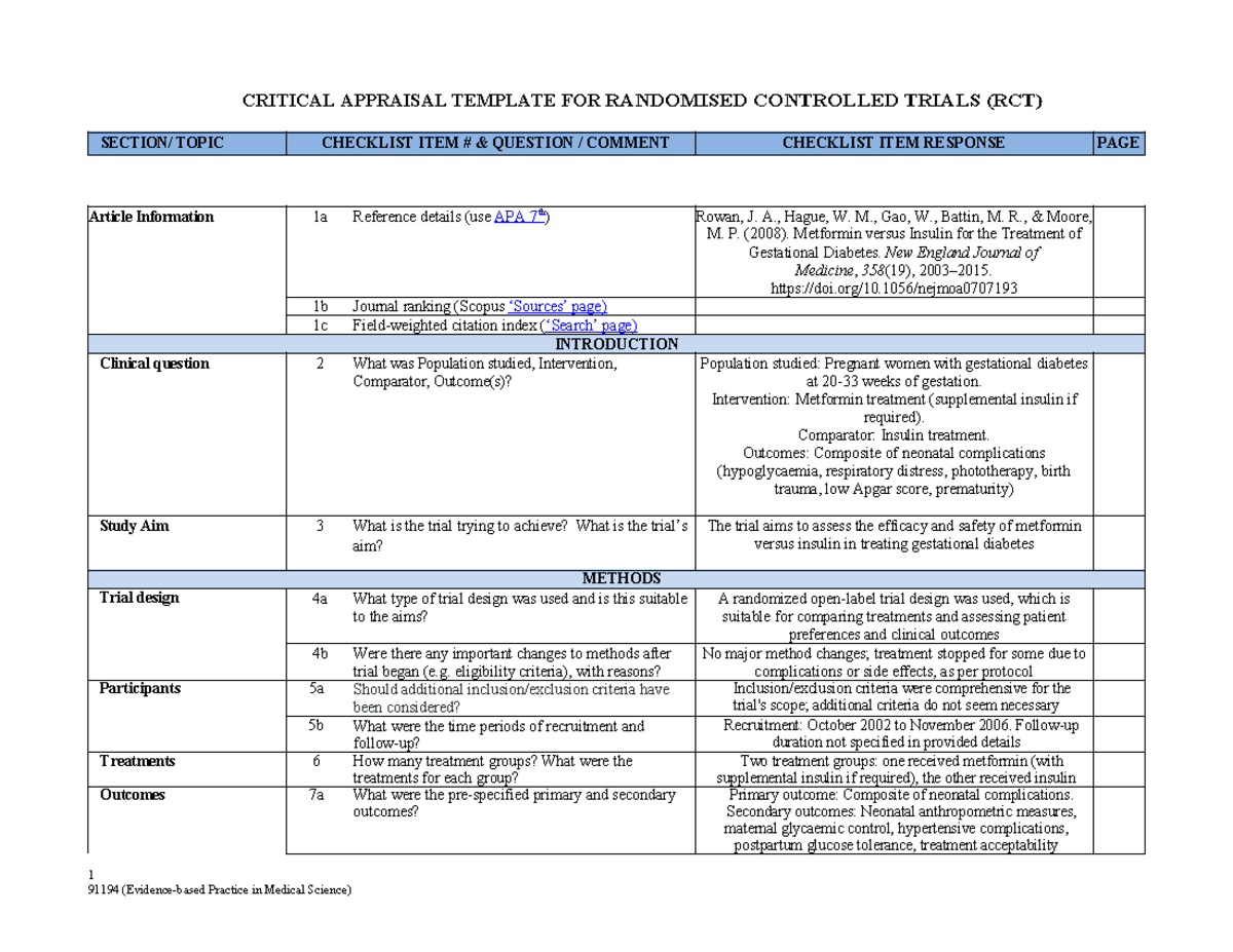 RCT Appraisal 2 - CRITICAL APPRAISAL TEMPLATE FOR RANDOMISED CONTROLLED ...