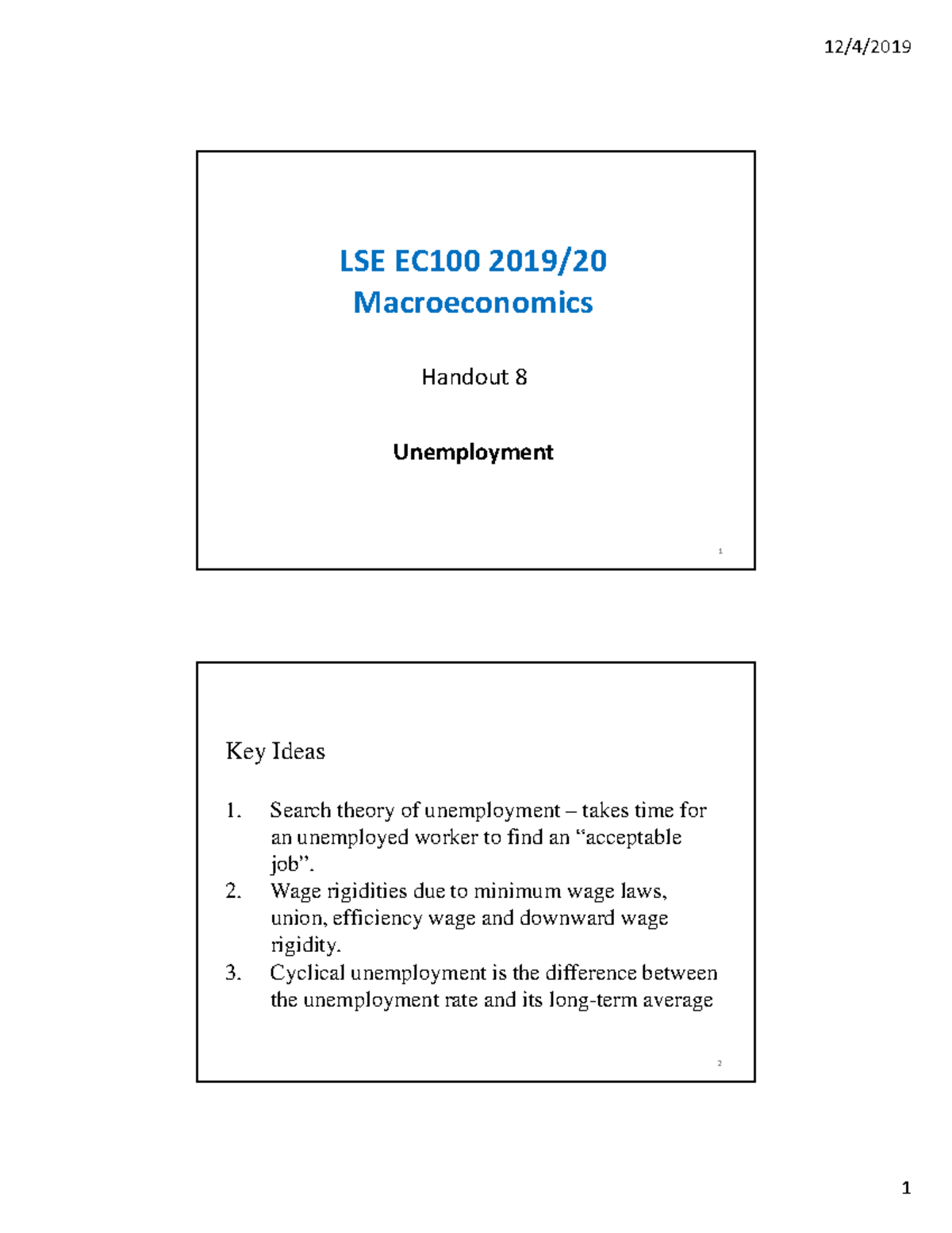 Handout 8 Slides - LSE EC100 2019/ Macroeconomics Unemployment 1 Handout 8 Key Ideas Search ...