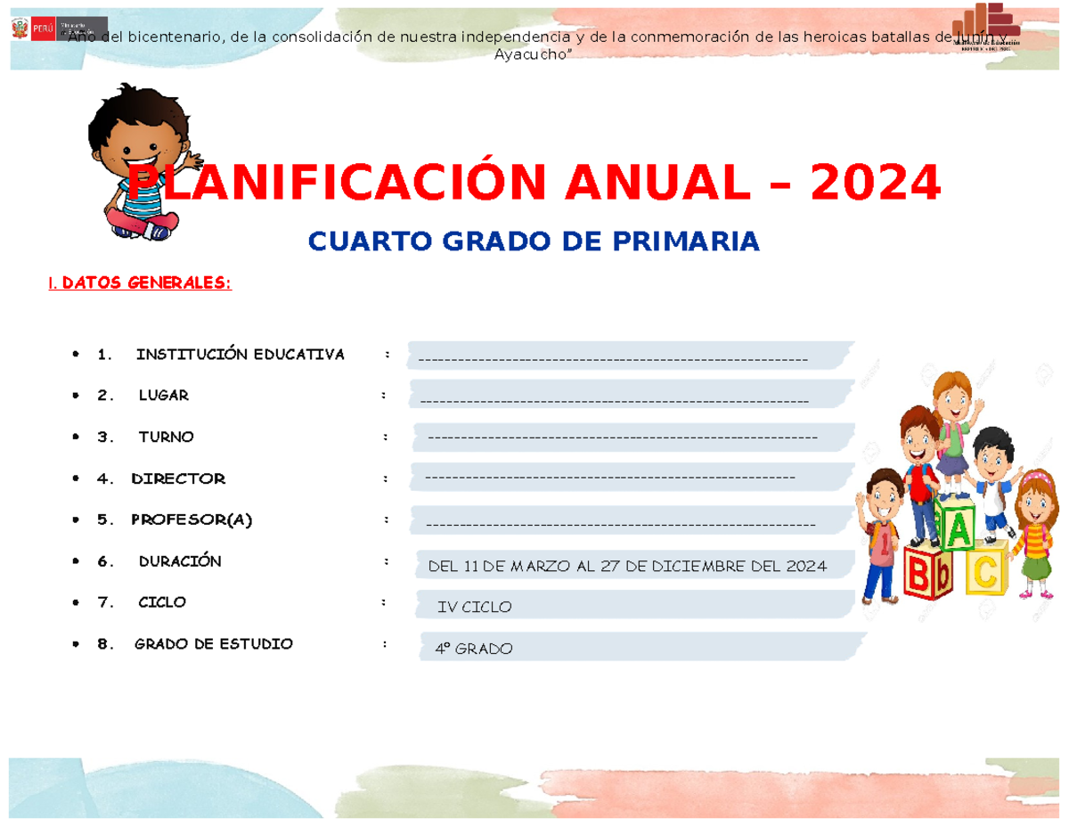 PLAN Anual - Cuarto Grado - 2024 - Ayacucho” PLANIFICACIÓN ANUAL – 2024 ...