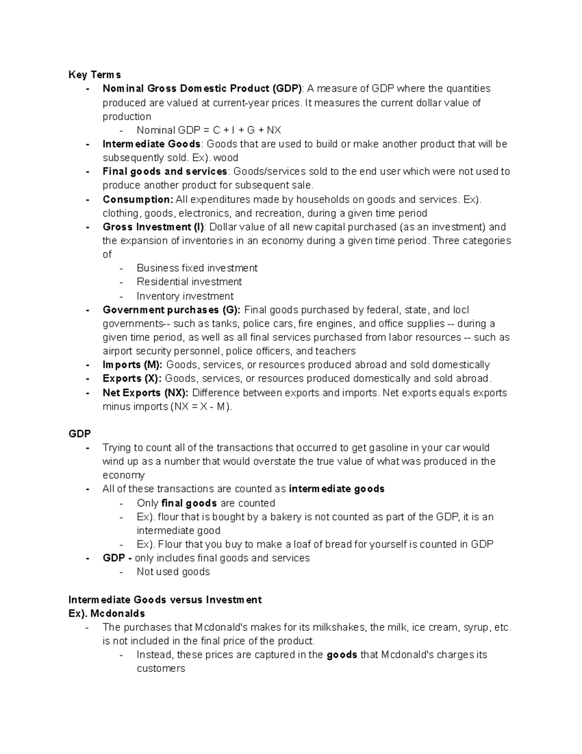 Ch. 4 Notes - Key Terms - Nominal Gross Domestic Product (GDP): A ...