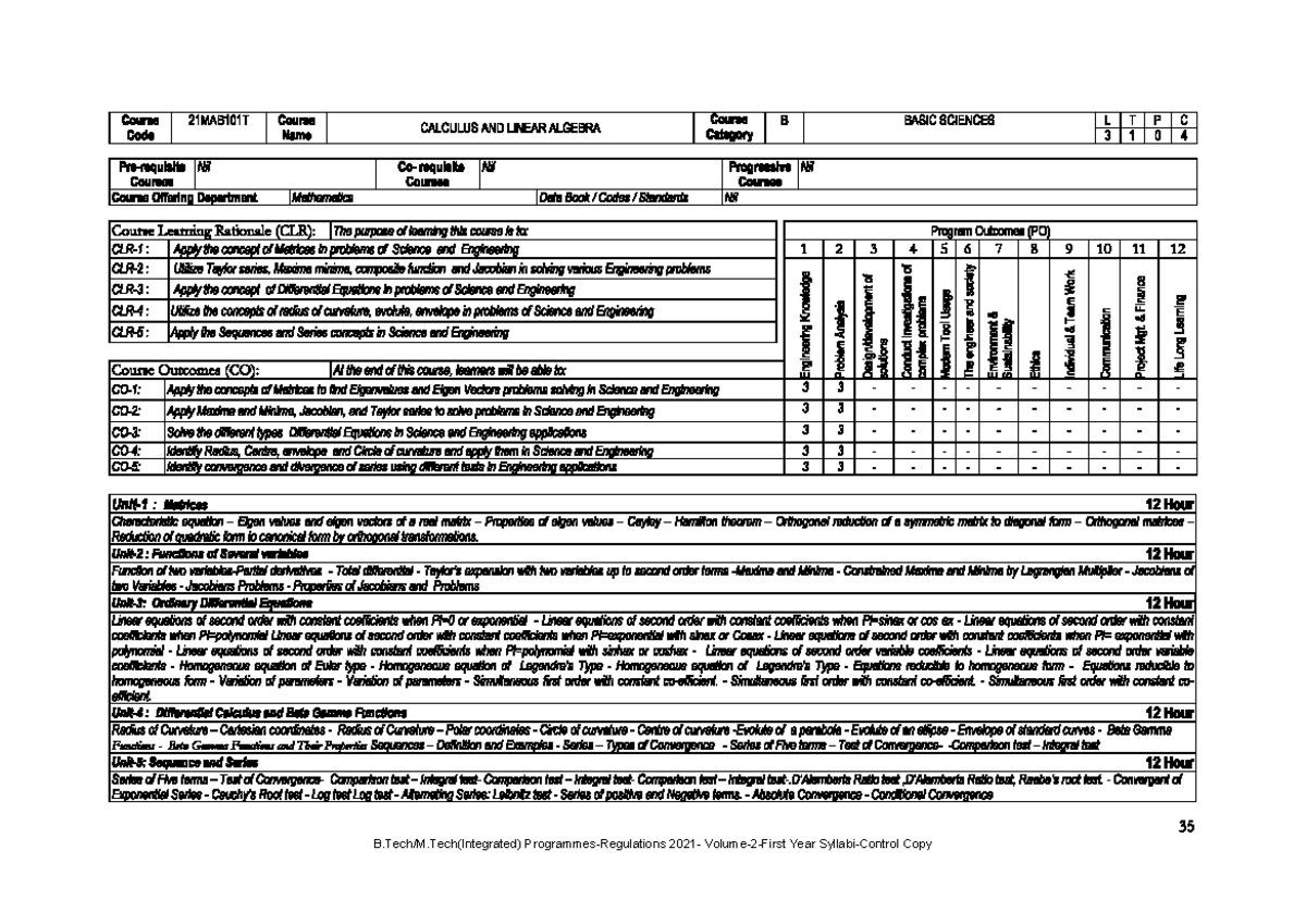 21MAB101T-Calculus and Linear Algebra - Calculus And Linear Algebra - B.Tech/M(Integrated) - Studocu