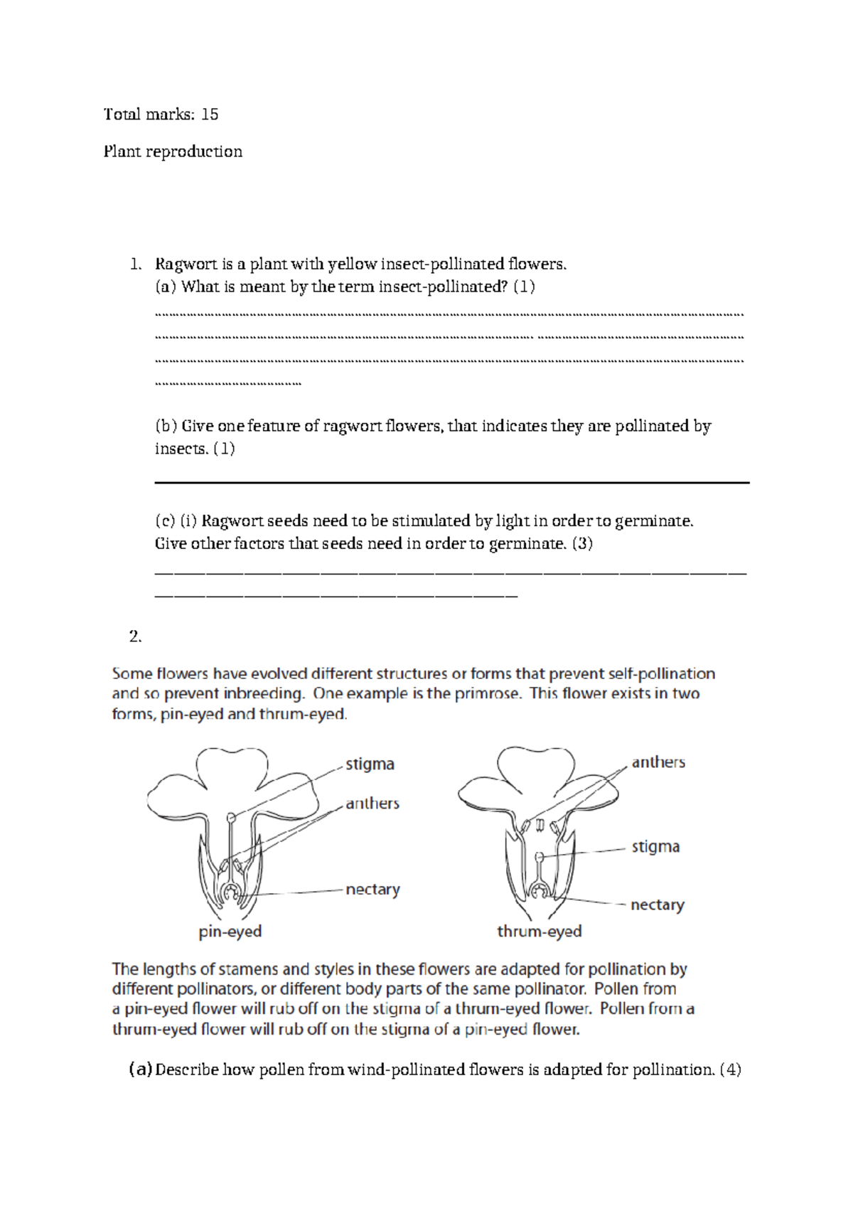 Plant Reproduction Worksheet - Total marks: 15 Plant reproduction 1 ...