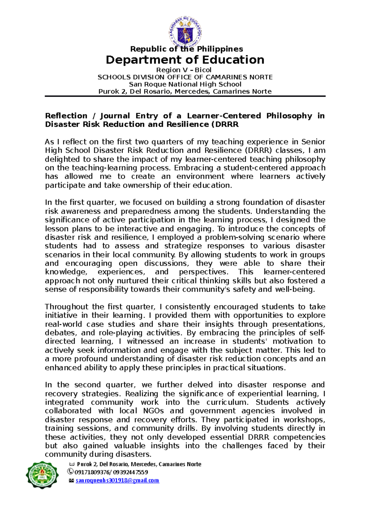 Reflection Journal Entry in Disaster Risk Reduction and Resilience ...