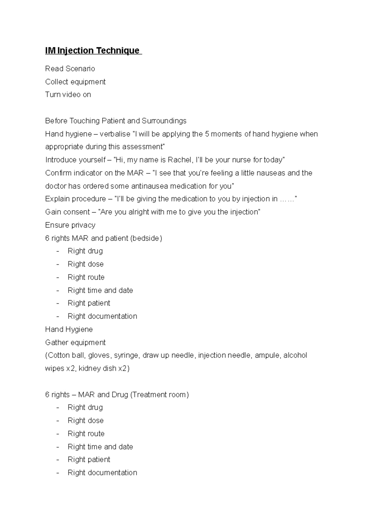 IM and Subcut Skill Notes - IM Injection Technique Read Scenario ...