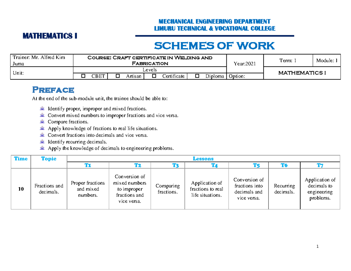 Schemes Of Work Mathematics Module 1 September 2021 - 1 MATHEMATICS I ...