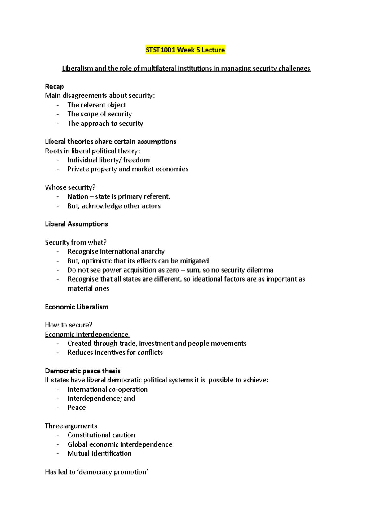 STST1001 Week 5 Lecture - STST1001 Week 5 Lecture Liberalism and the role of multilateral - Studocu