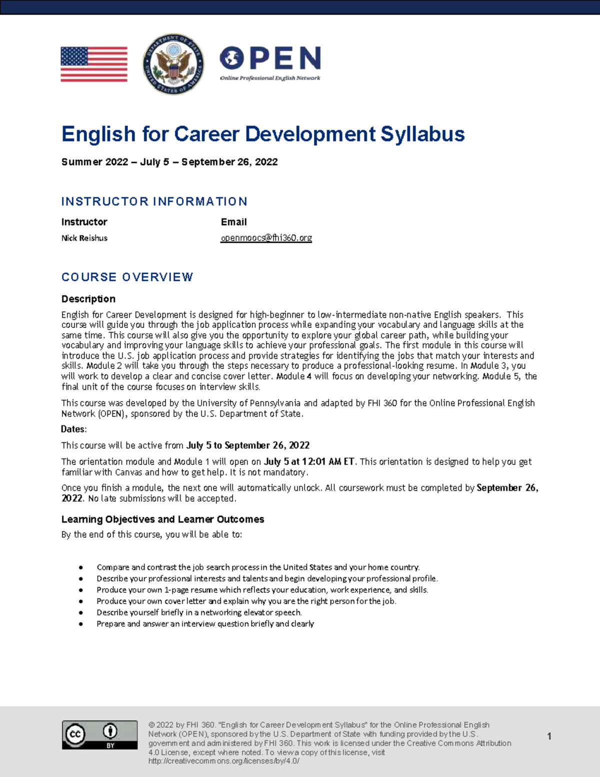 English for Career Development Syllabus Summer 2022 - 1 © 2022 by FHI 360.