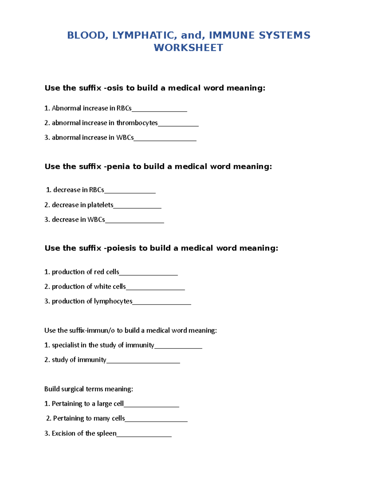 Blood, l Ympathic, AND Immune Systems Worksheets(1)-2 - BLOOD ...