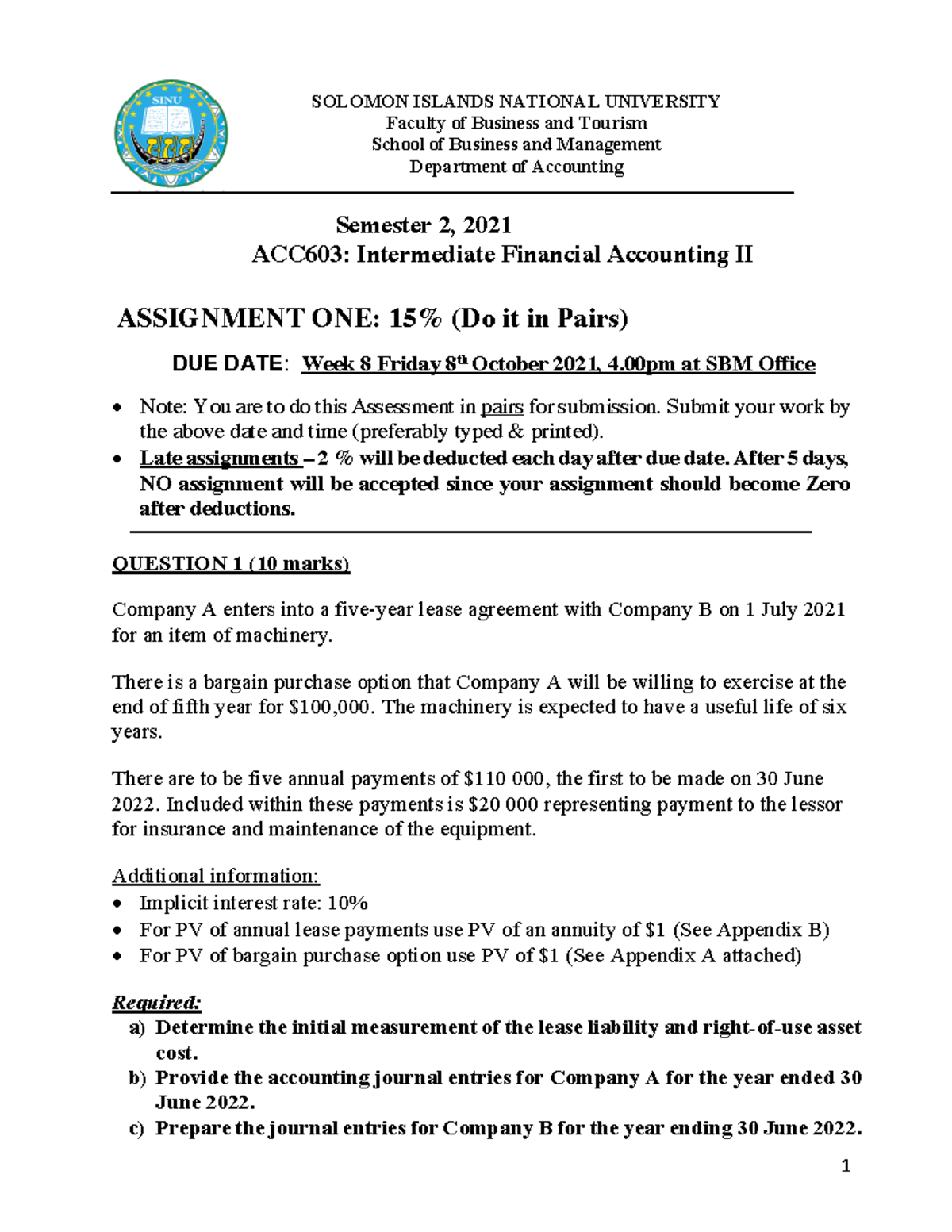 ACC603 Assignment 1 (15%) - Sem 2, 2021 - Semester 2, 2021 ACC 603 ...