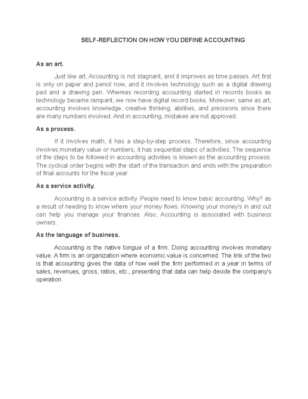 ACC Definition of Accounting self reflection - SELF-REFLECTION ON HOW ...