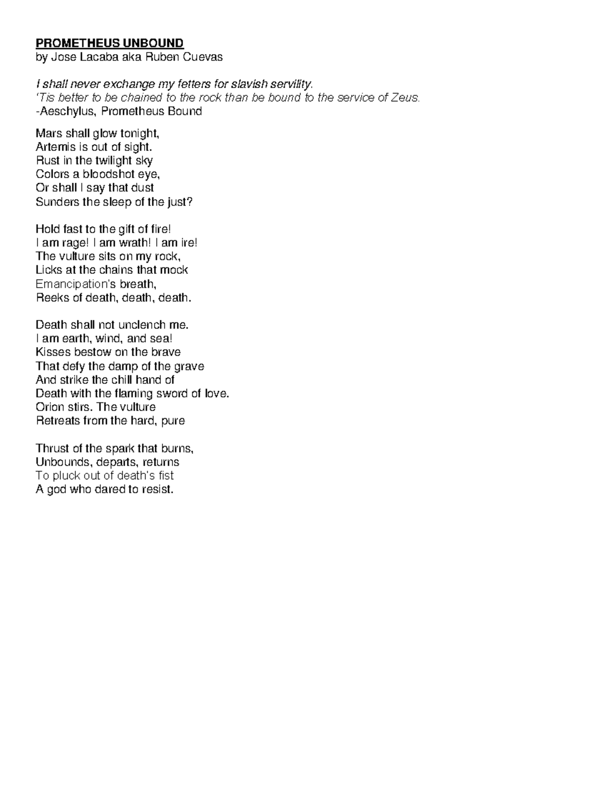 3poems - Summary World Literature - PROMETHEUS UNBOUND by Jose Lacaba ...