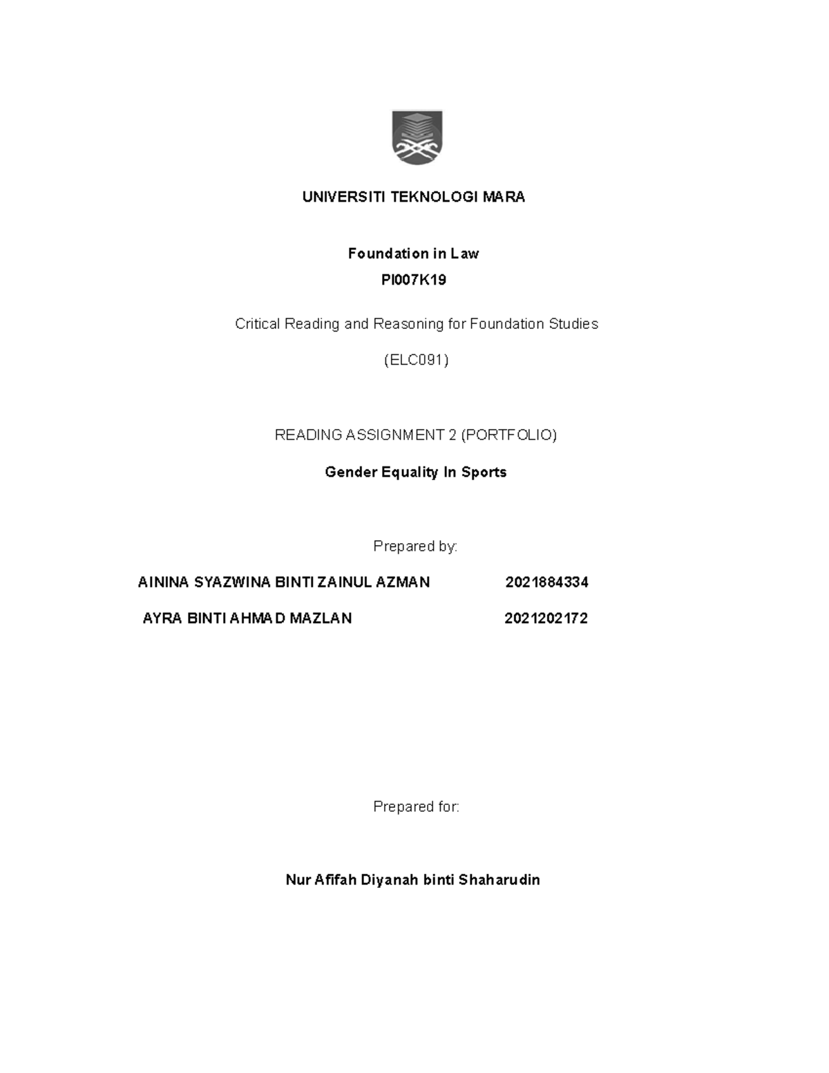 Reading Assignment 2 - UNIVERSITI TEKNOLOGI MARA Foundation in Law ...